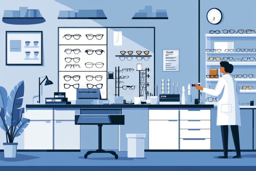 A Modern Optometry Lab Filled with Eyeglasses and Equipment. the Room ...