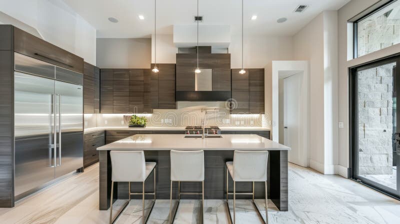 A Spacious Bright Kitchen with Panoramic Windows and a Kitchen Island ...