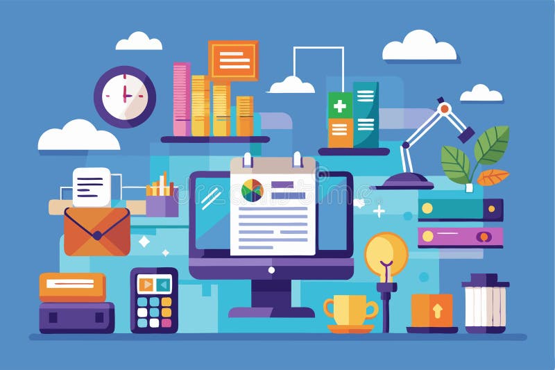 This Illustration Showcases a Vibrant Office Workspace with a Computer ...