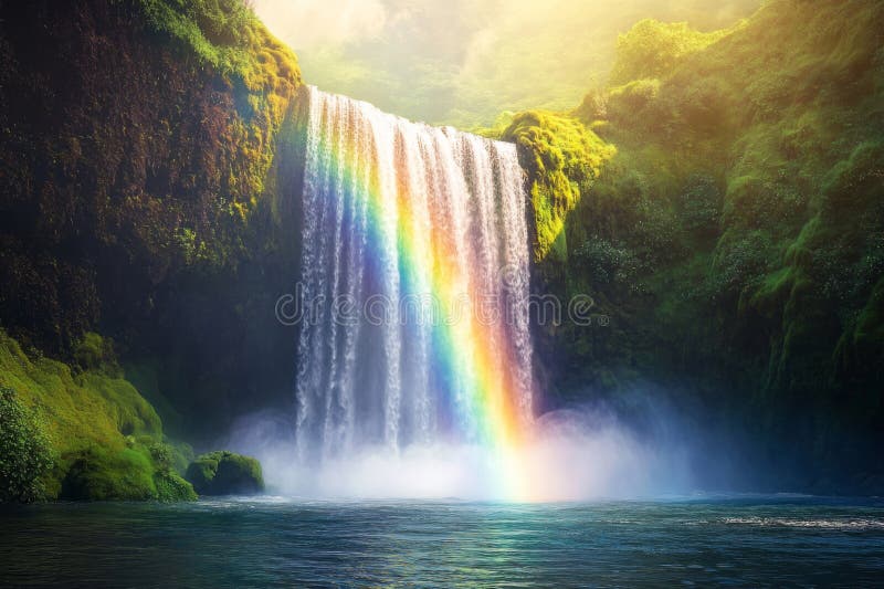 Colorful Rainbow Above Majestic Waterfall Stock Illustration ...