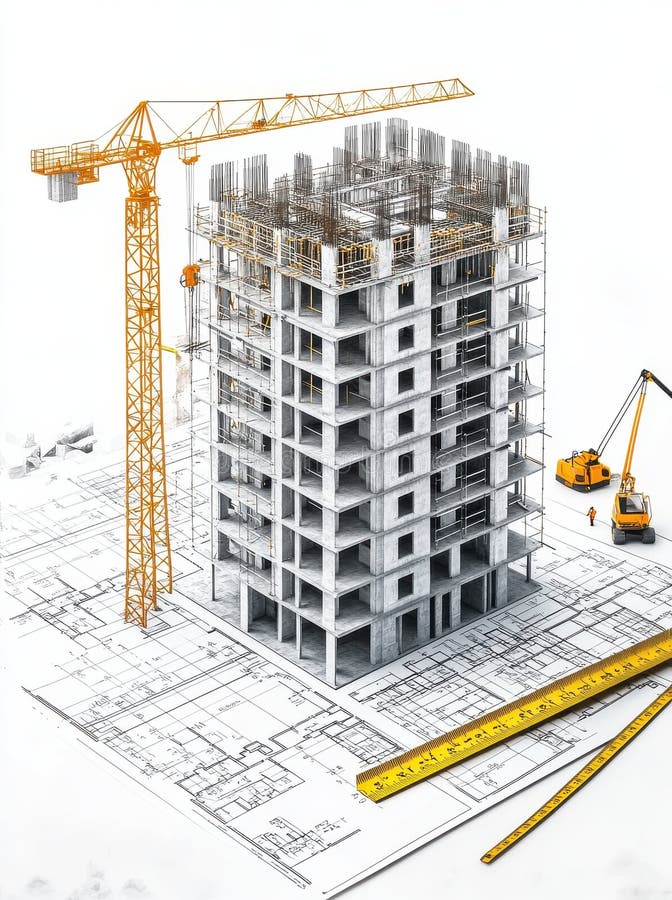 Skyscraper Construction on Architectural Blueprint with Cranes and ...
