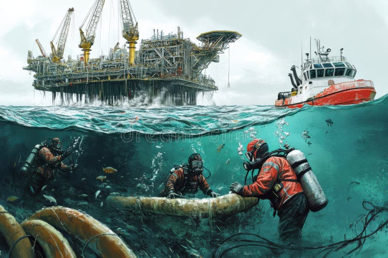 Team of Divers Working Underwater Near an Offshore Oil Rig with Support ...