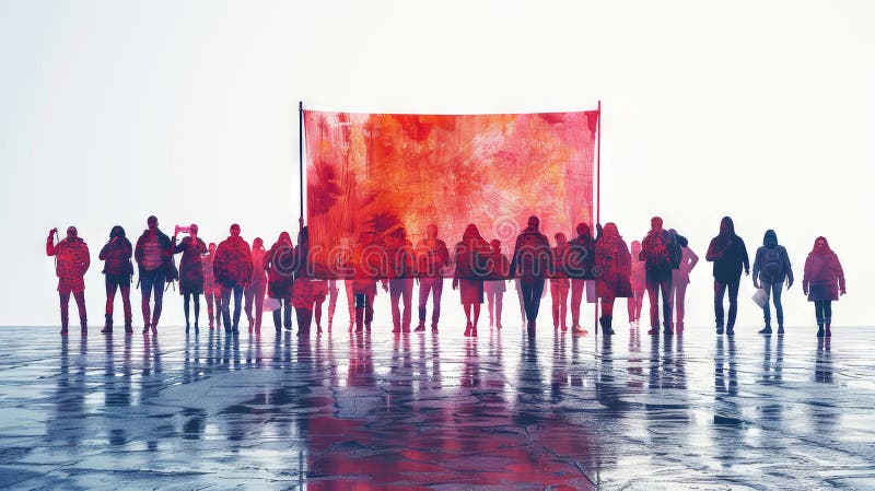 Diverse Group of People Protesting with Large Red Banner in Abstract ...