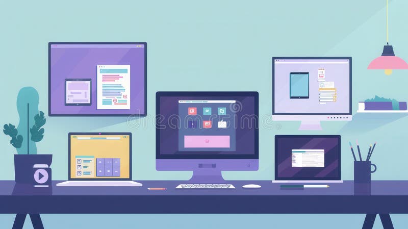 An Illustration Showcasing a Modern Desk with Multiple Laptops and ...