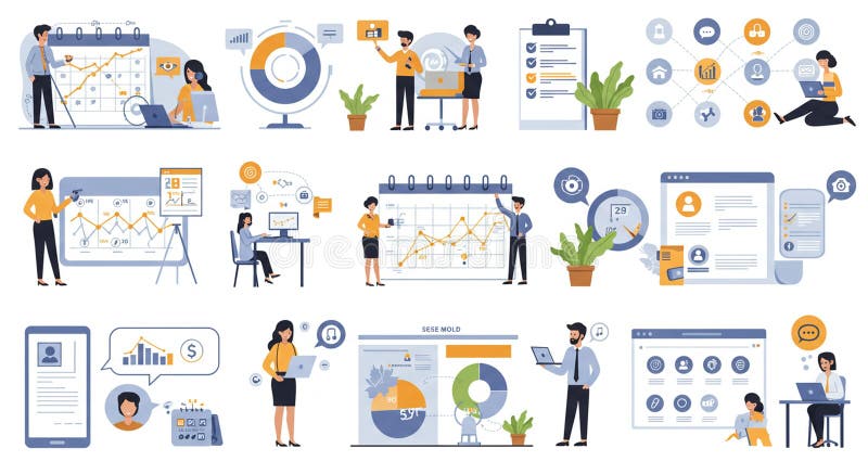 Illustration Showcasing Multiple Scenes of Business and Data Analytics ...