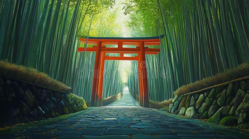Illustration Showcasing a Red Japanese Torii Gate within a Bamboo ...
