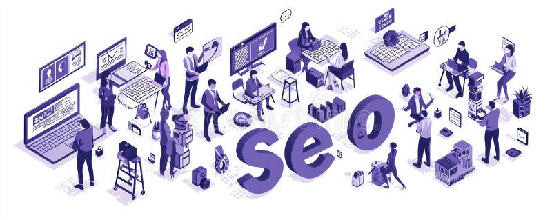 Isometric Illustration of Collaborative SEO Teamwork with Vibrant ...