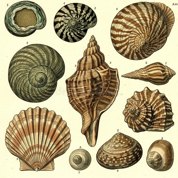 Illustration Showcasing a Variety of Seashells, Each Distinct in Shape ...