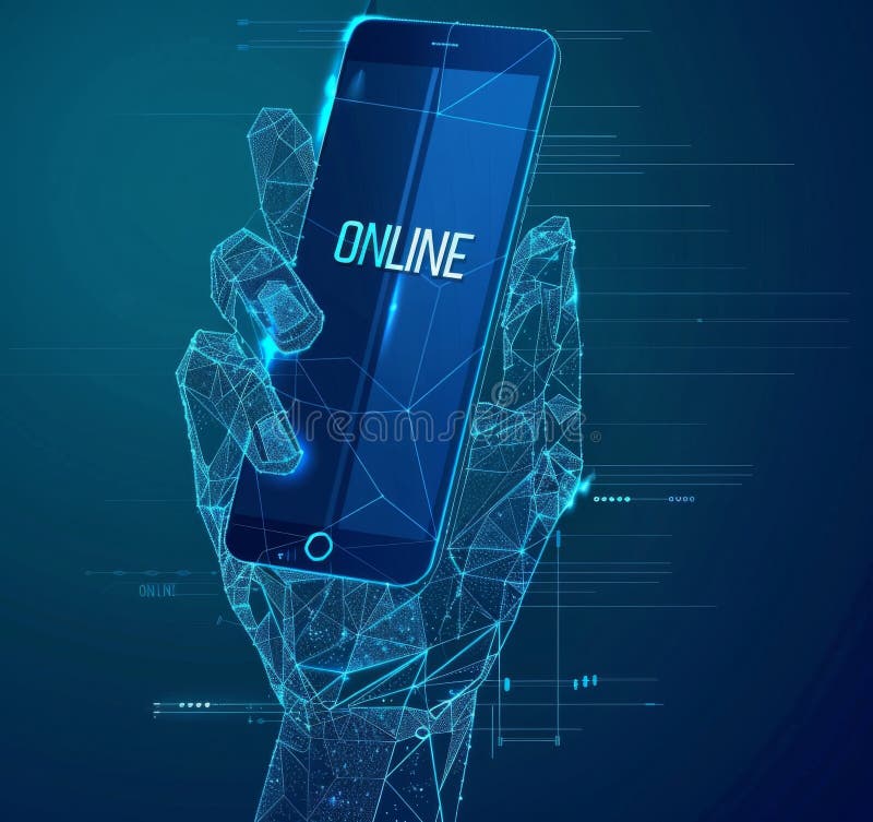 Digital Wireframe of Hand Holding Smartphone with Online Text ...