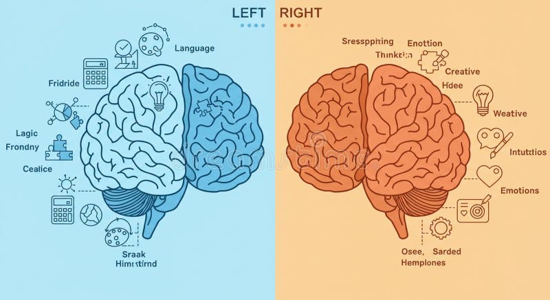 Illustration Showing a Brain Divided into Two Halves, Labeled "Left ...