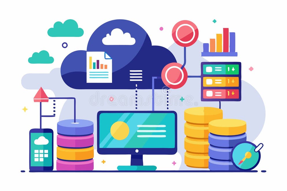 Illustration Showing Cloud Database Storage Analysis with Devices and ...