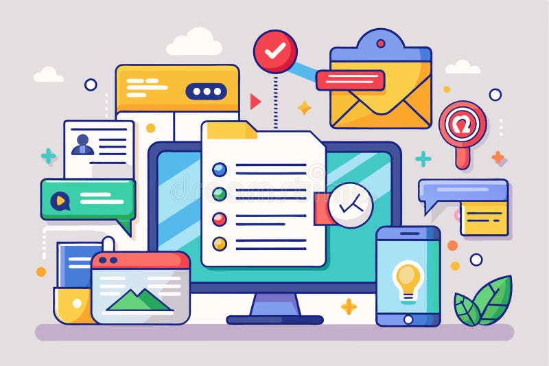 Illustration Showing a Desktop Computer with a Checklist, Surrounded by ...