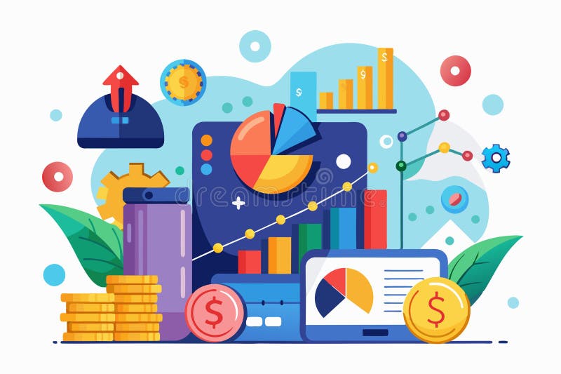 Illustration Showing Financial Data with Pie, Bar, and Line Graphs ...