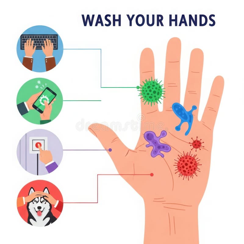 Illustration Showing Germs on Hands and How To Prevent Their Spread ...