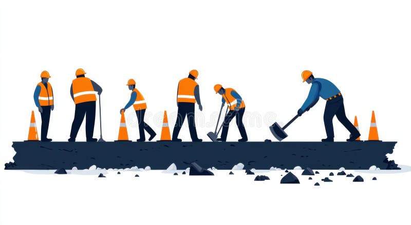 Team of Construction Workers Performing Roadwork with Tools and Safety ...