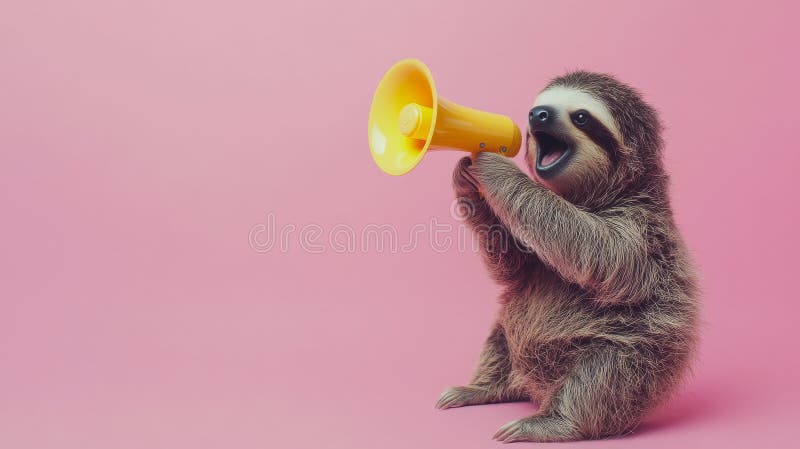 Illustration Showing a Happy Sloth Speaking with a Yellow Megaphone on ...
