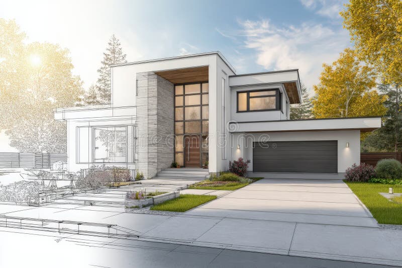 Illustration Showing a House before and after Construction Stock Image ...