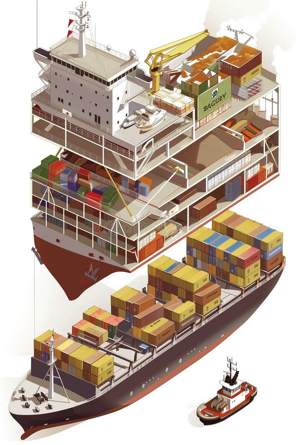 Detailed Cutaway of a Container Ship Cargo Operations and Layout Stock ...