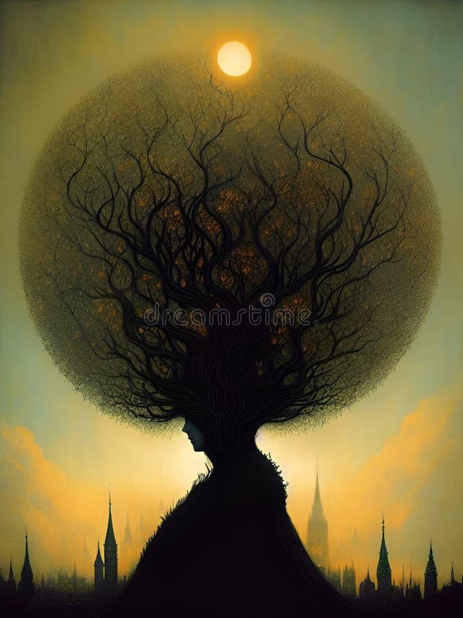 An Illustration Showing a Large Tree and the Sun on it. Stock Photo ...