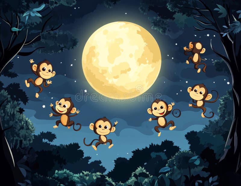 An Illustration Showing Monkeys in the Jungle at Night Stock Photo ...