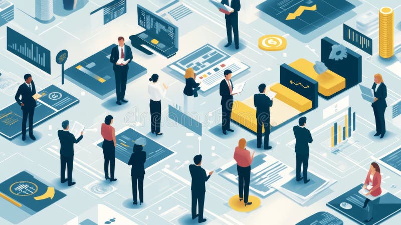 An Illustration Showing People Analyzing Statistics in a 3D Isometric ... An Illustration Showing People Analyzing Statistics in a 3D Isometric ...