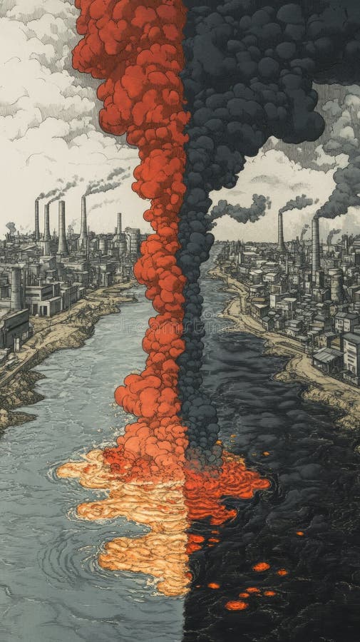 An Illustration Showing a River Split by Pollution, Featuring Smoke and ...