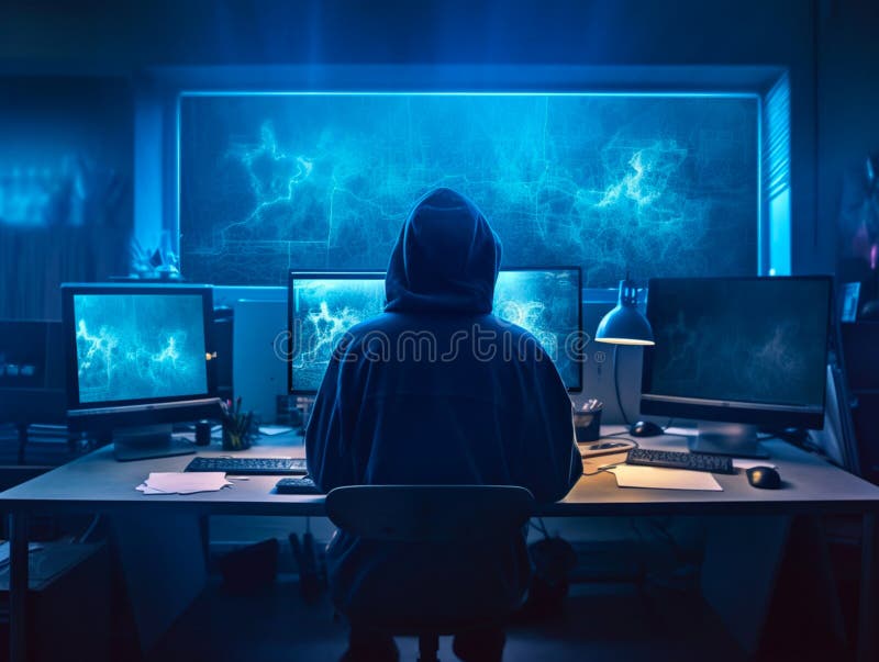 A Hacker in a Dark Blue Office with Several Screens in Front of Him ...