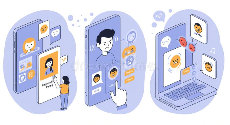 Illustration Showing Three Scenes with Digital Interactions. the First ...