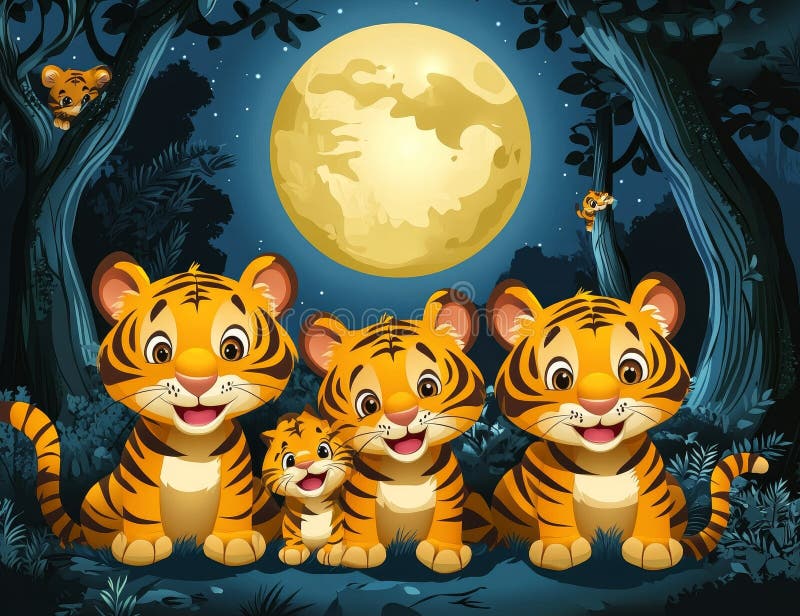 Illustration Showing Tigers in the Jungle at Night Stock Photo - Image ...