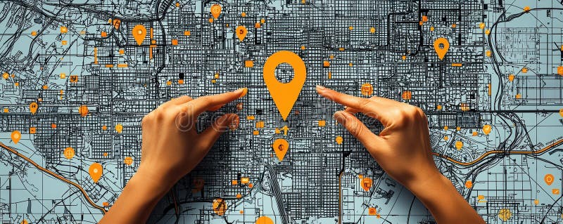 Hands Pointing on a Map with Geolocation Markers and Pins Stock Photo ...