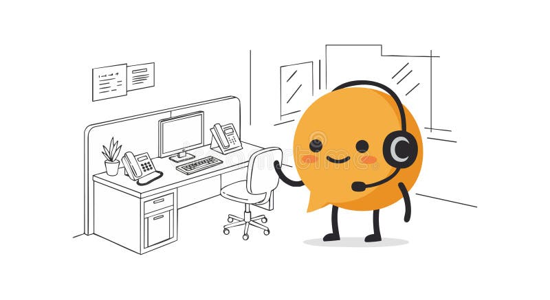 Cute Orange Help Desk Mascot with Headset in Office Workspace Vector ...