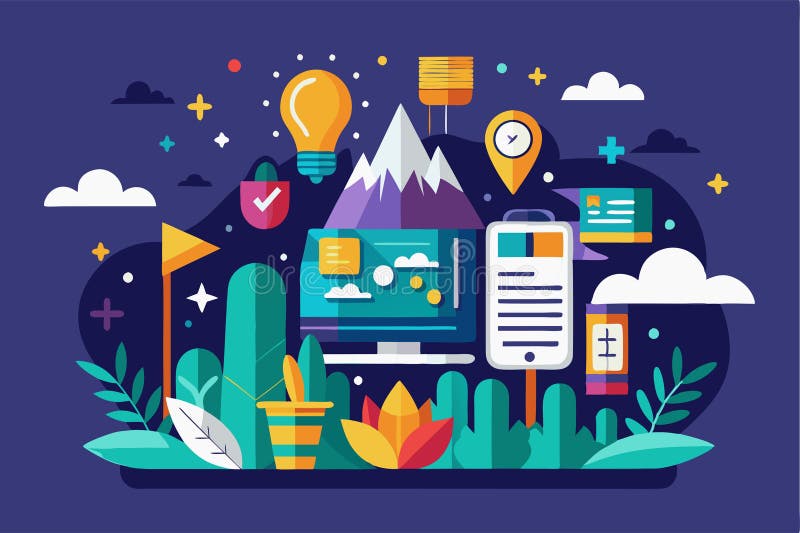 The Illustration Shows a Colorful Landscape with a Computer, Mountains ...