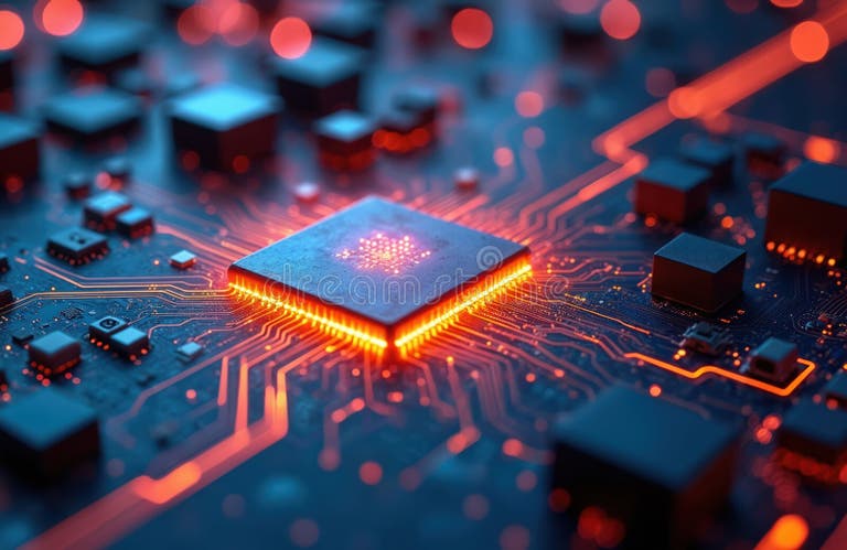 Illustration Shows a Computer Central Processing Unit CPU. Glowing Red ...