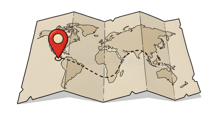 Folded World Map with Pin stock illustration. Illustration of location ...