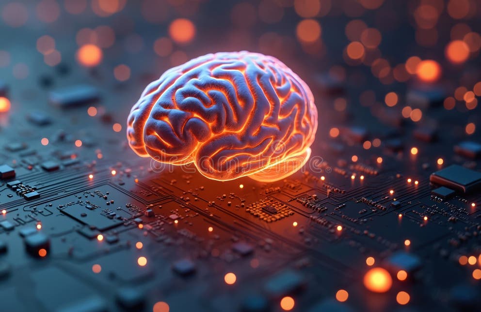 Illustration Shows Glowing Human Brain on Electronic Circuit Board ...