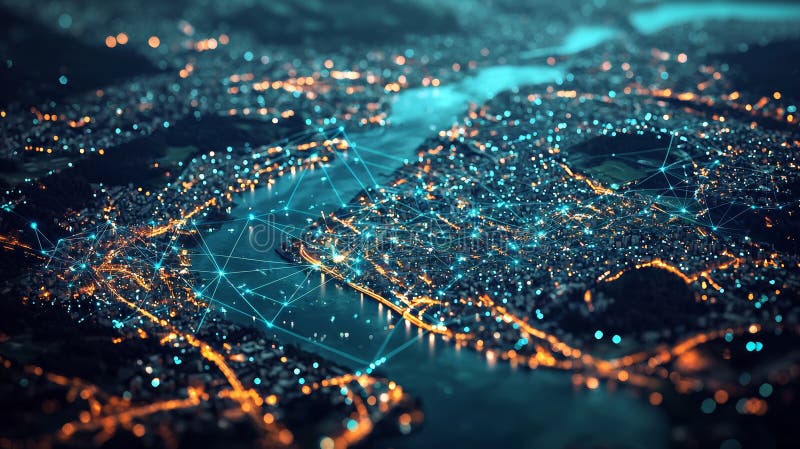 The Illustration Shows Illuminated Cities Connected by Linear Networks ...