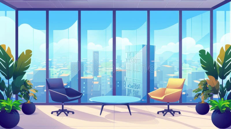 The Illustration Shows a Large Empty Office with Large Windows that ...