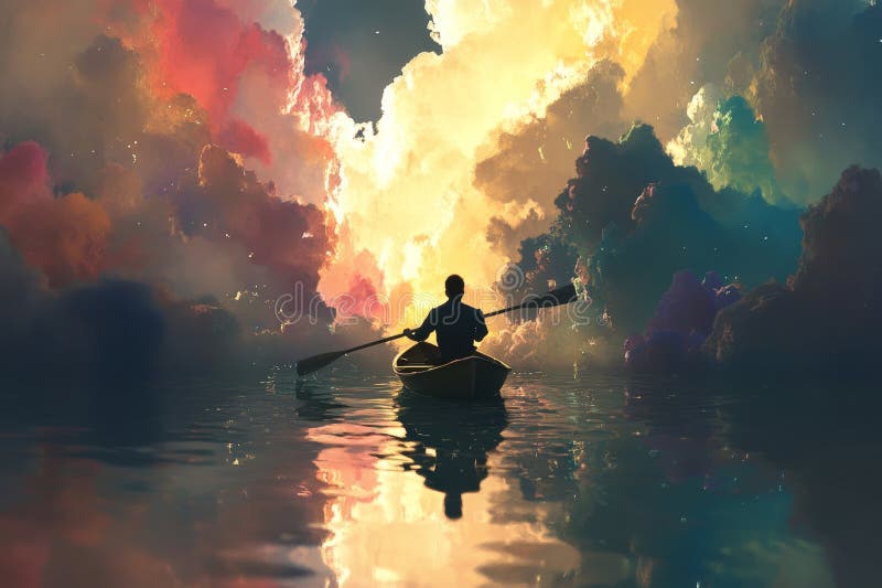 An Illustration Shows a Man on a Boat Floating through Outer Space with ...