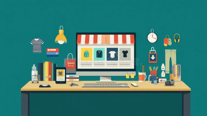 Online Store Desktop Setup stock illustration. Illustration of commerce ...