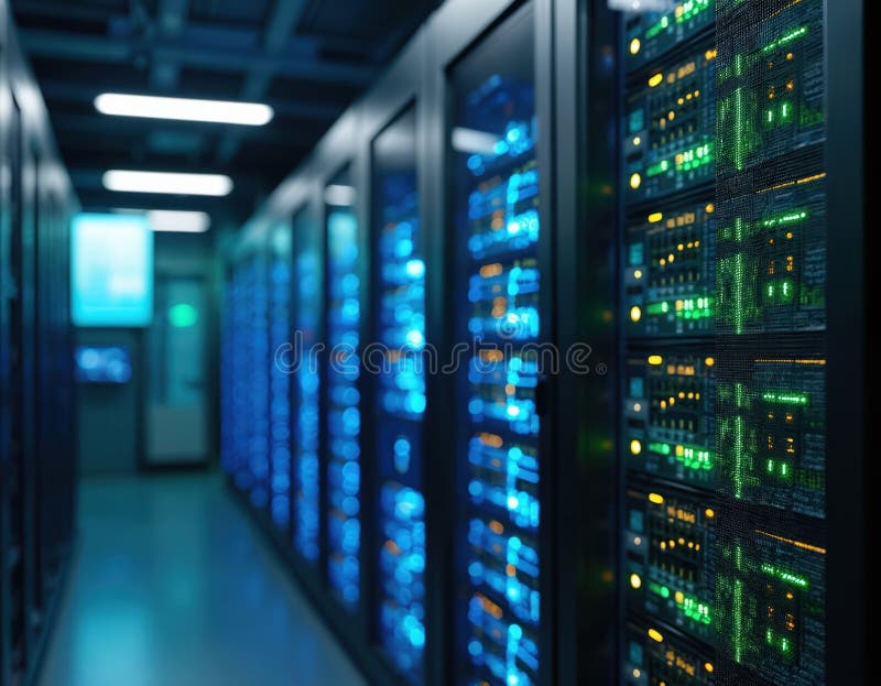 Illustration Shows Modern Server Room with Rows of Server Racks. Blue, Green Led Lights on Stock ...