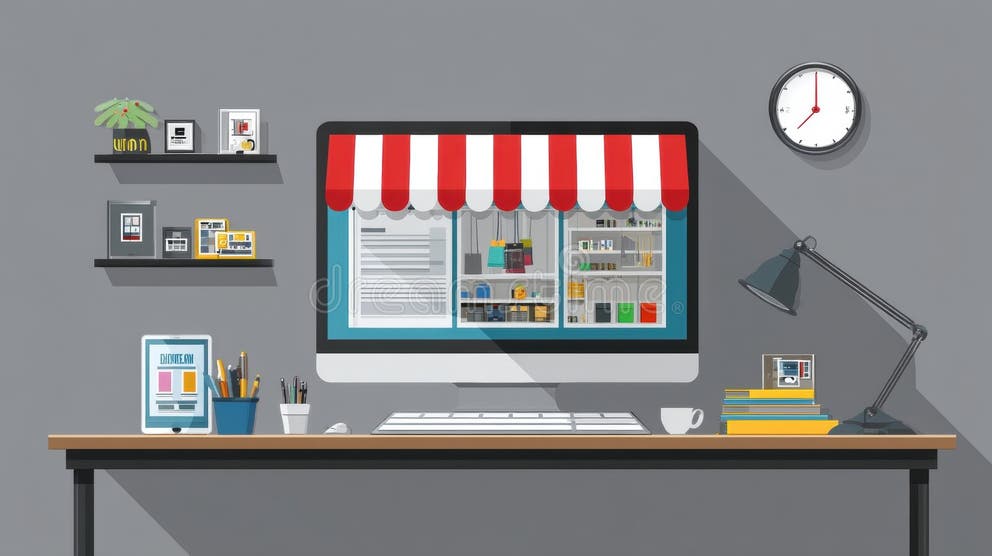 Online Store Workspace stock illustration. Illustration of modern ...