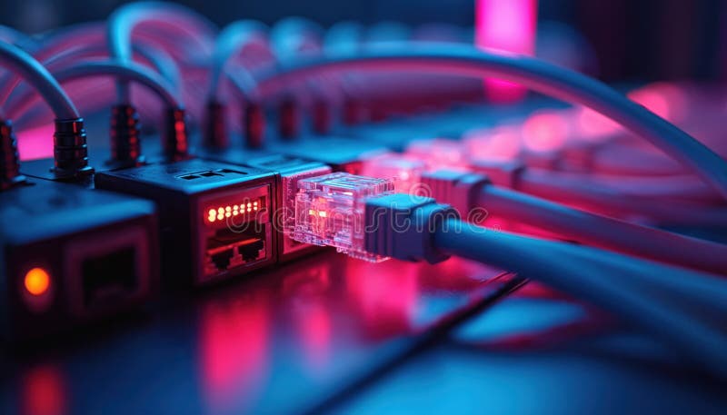 Illustration Shows Neon Internet Cables, Connectors, Router with ...