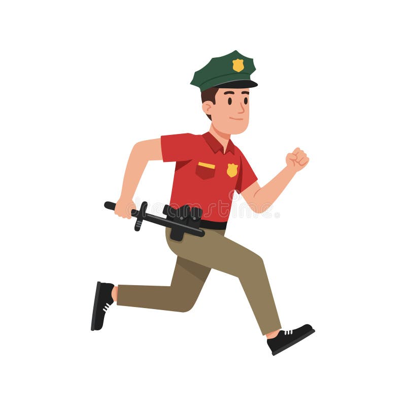 Policeman Running with Baton in Uniform Vector Illustration for ...