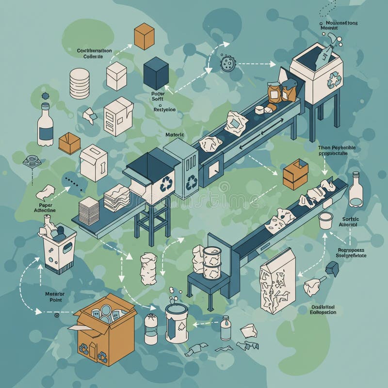 Illustration Shows a Recycling Process Flowchart. Various Stages Depict ...