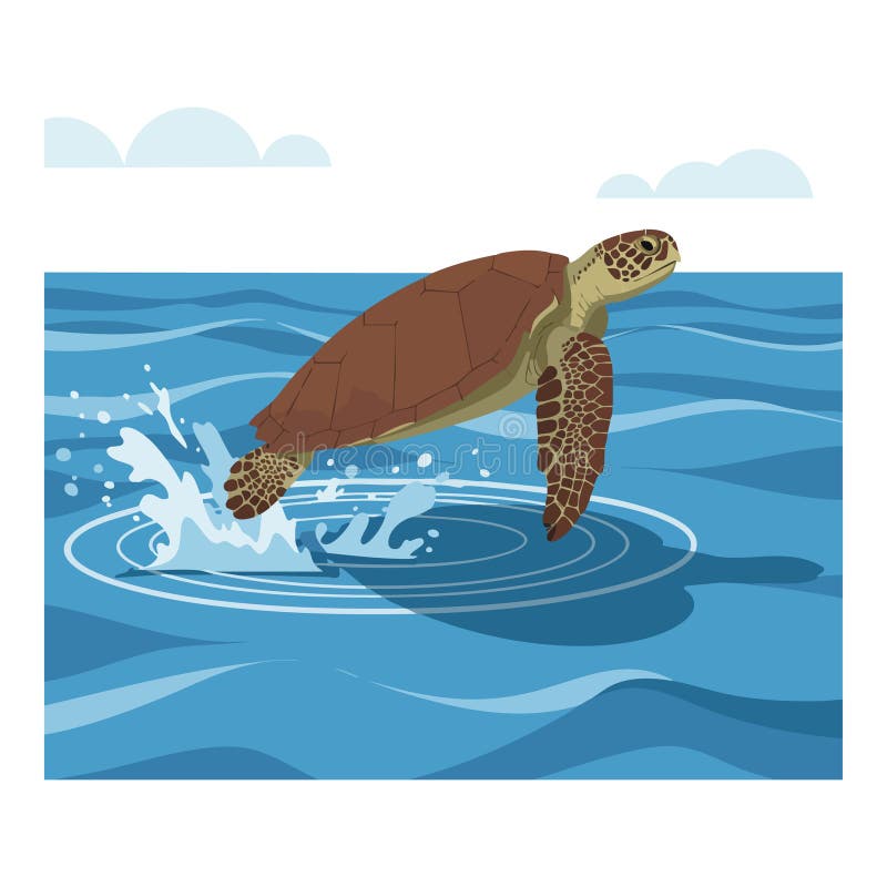 Sea Turtle Jumping Above Ocean Waves with Splashes Vector Illustration ...