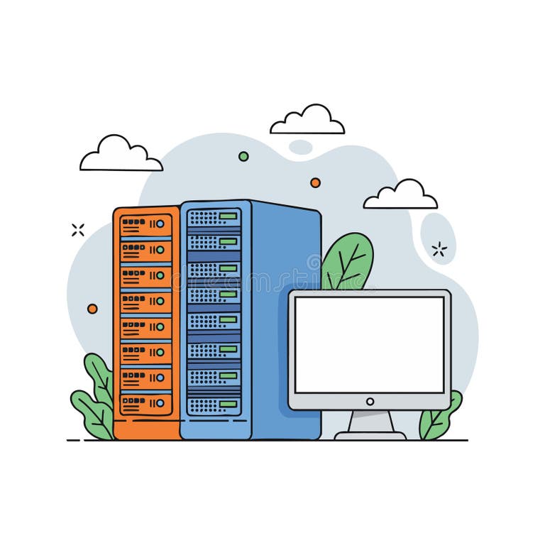Server Racks and Desktop Computer Illustration with Green Leaves and ...