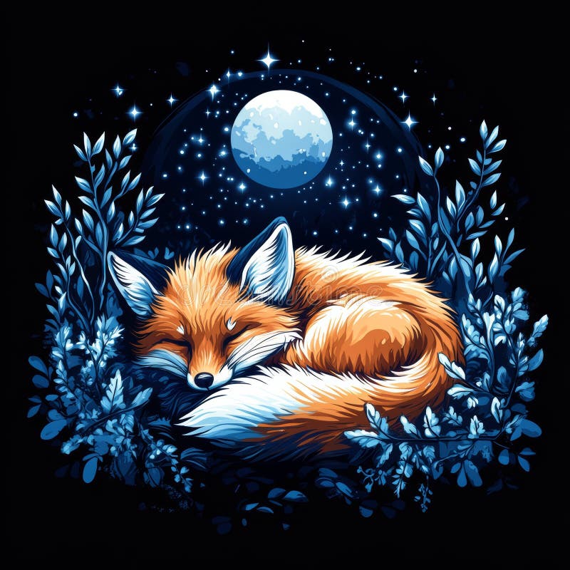 The Illustration Shows a Sleeping Fox and a Crescent Moon Under a ...