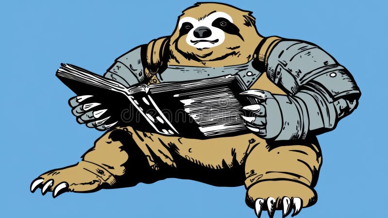 Sloth Knight Reads a Book stock illustration. Illustration of clothing ...