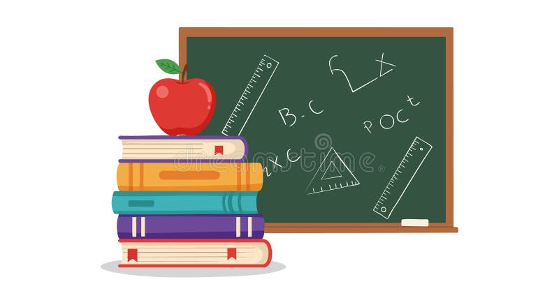 Stack of Colorful Books with Apple on Top and Chalkboard with Math ...