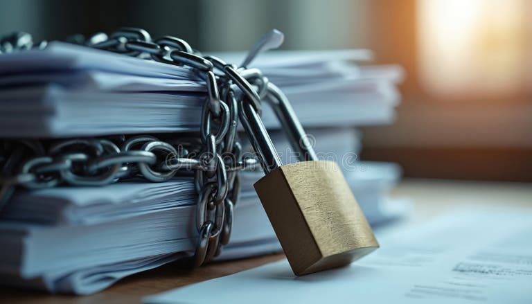 Illustration Shows Stack Documents Secured with Chains, Lock in Office Setting. Concept ...